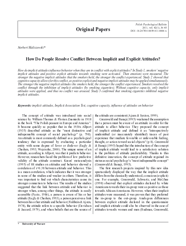 (PDF) Original Papers How Do People Resolve Conflict Between Implicit and Explicit Attitudes?