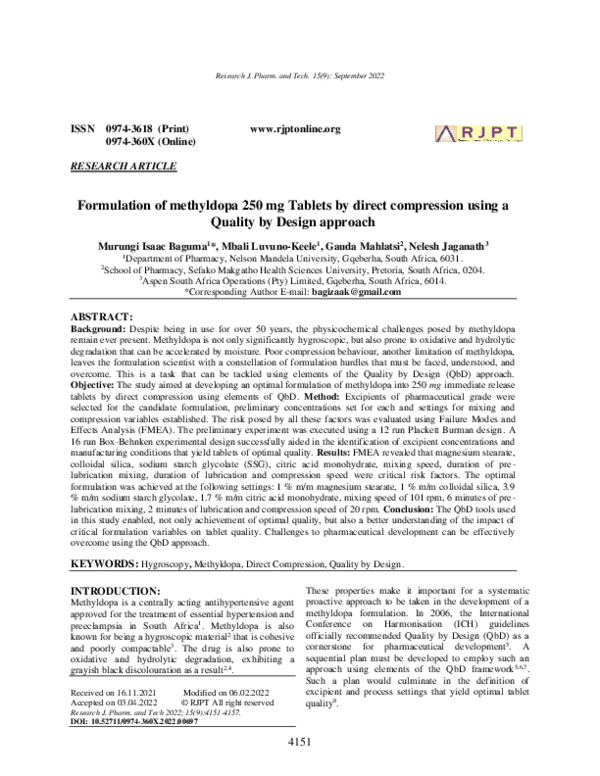 (PDF) Formulation of methyldopa 250 mg Tablets by direct compression ...