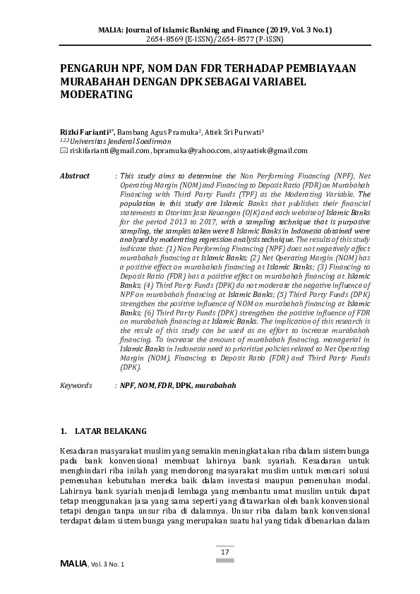 (PDF) Pengaruh NPF, NOM dan FDR Terhadap Pembiayaan Murabahah dengan DPK Sebagai Variabel Moderating