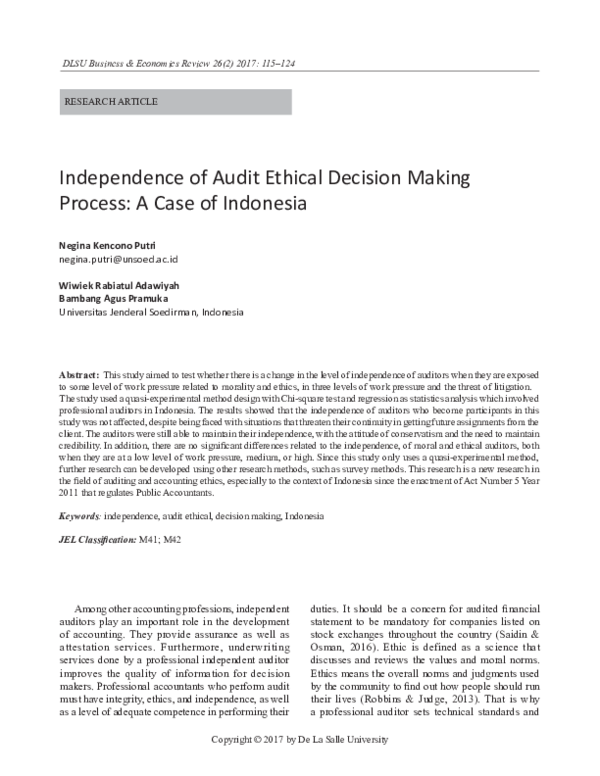 (PDF) Independence of Audit Ethical Decision Making Process: A Case of Indonesia
