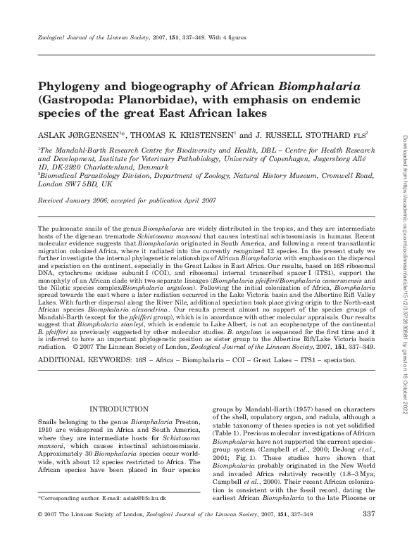 (PDF) Phylogeny and biogeography of African Biomphalaria (Gastropoda ...