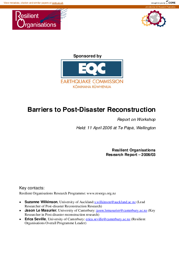 (PDF) Barriers to Post Disaster Reconstruction: Report on Workshop