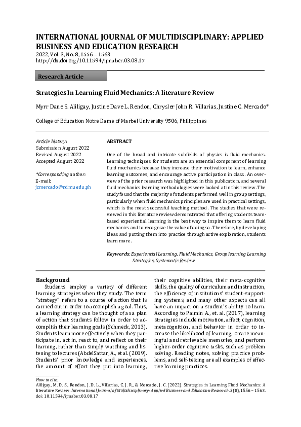 (PDF) Strategies In Learning Fluid Mechanics: A literature Review