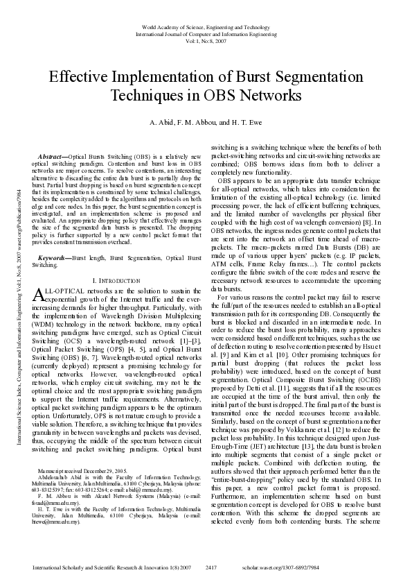 (PDF) Effective Implementation Of Burst Segmentationtechniques In Obs Networks