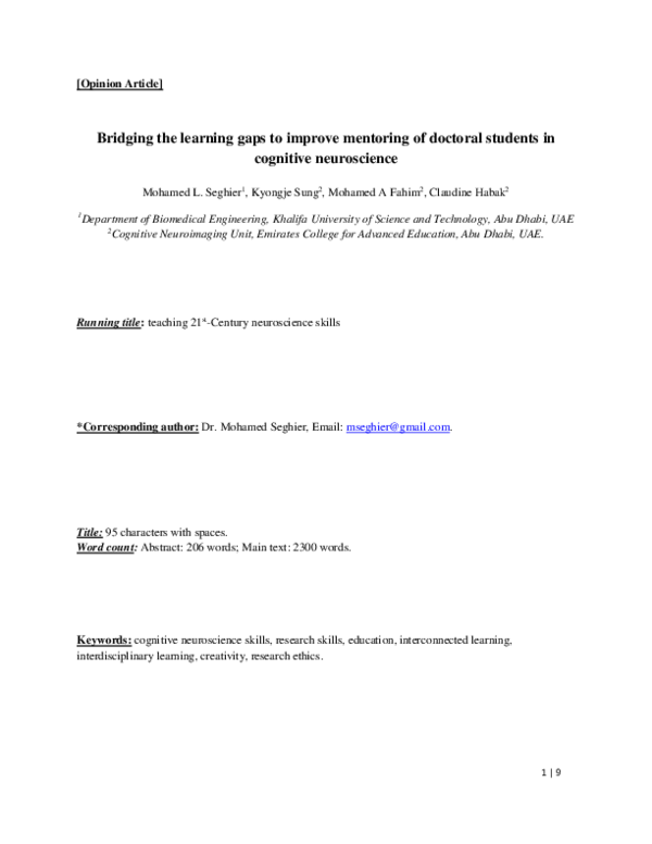 (PDF) Bridging the learning gaps to improve mentoring of doctoral students in cognitive neuroscience