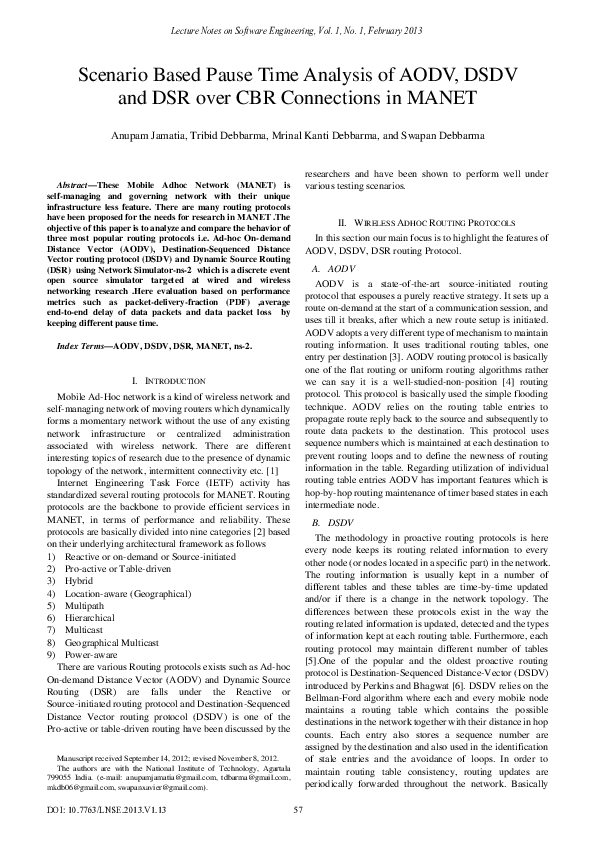 (PDF) Scenario Based Pause Time Analysis of AODV, DSDVand DSR over CBR Connections in MANET