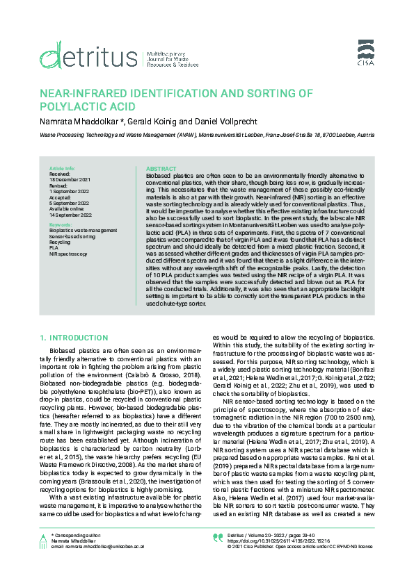 (PDF) Near-Infrared Identification and Sorting of Polylactic Acid