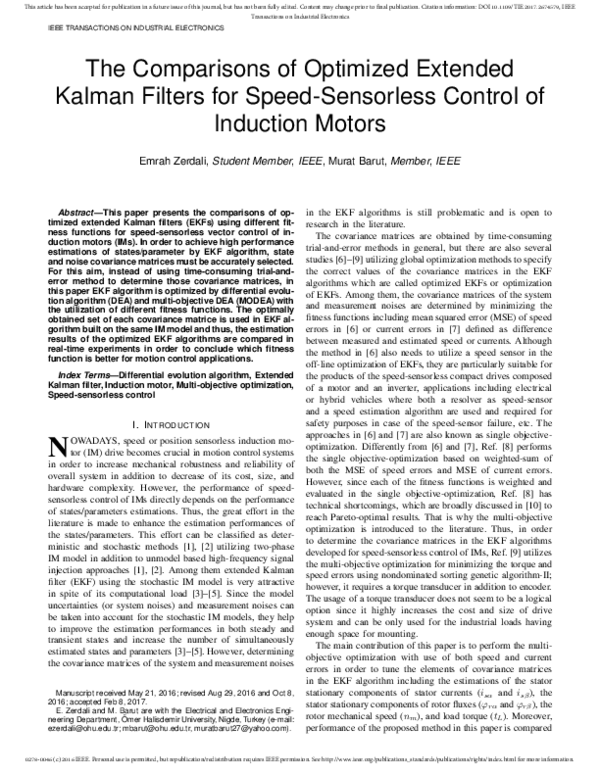(PDF) The Comparisons of Optimized Extended Kalman Filters for Speed ...