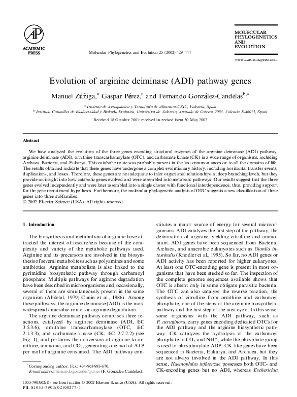 (PDF) Evolution of arginine deiminase (ADI) pathway genes