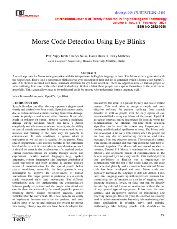Pdf Morse Code Detection Using Eye Blinks