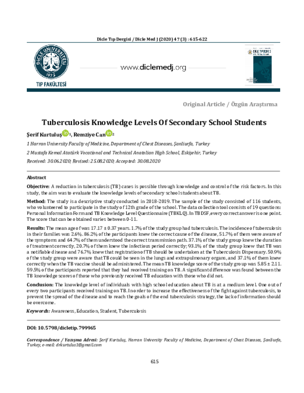 (PDF) Tuberculosis Knowledge Levels Of Secondary School Students
