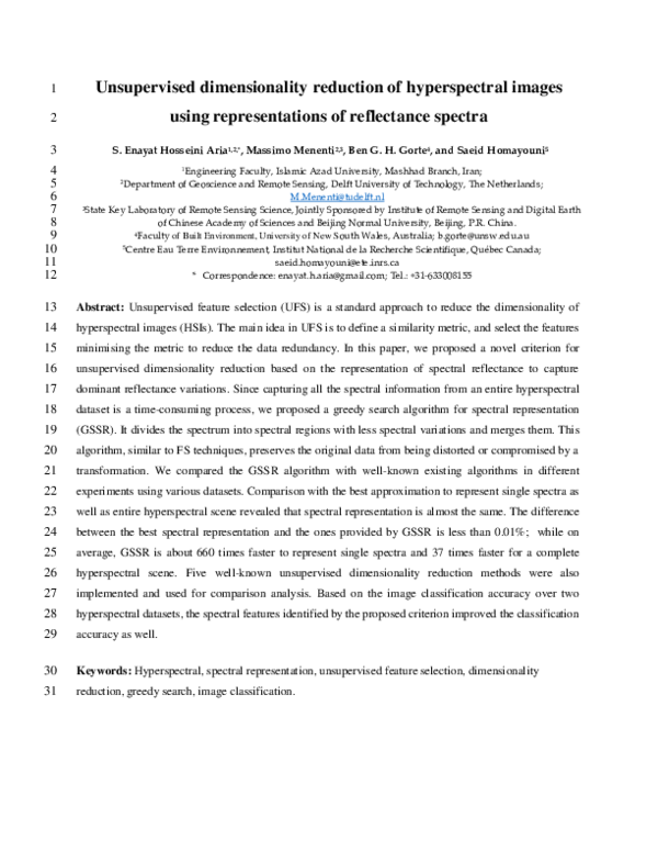 (PDF) Unsupervised dimensionality reduction of hyperspectral images using representations of ...