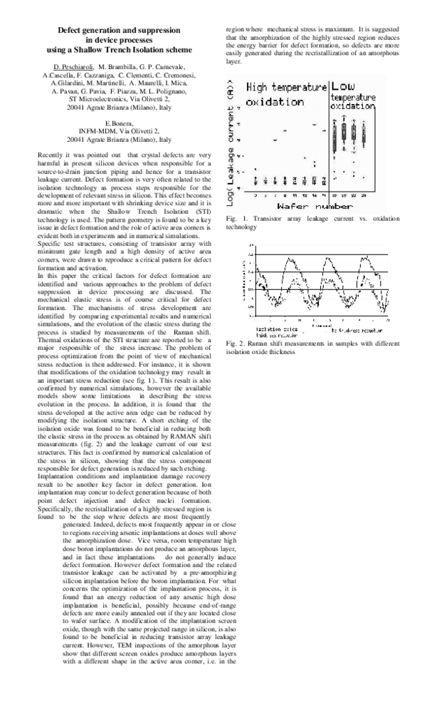 Pdf Defect Generation And Suppression In Device Processes Using A Shallow Trench Isolation Scheme