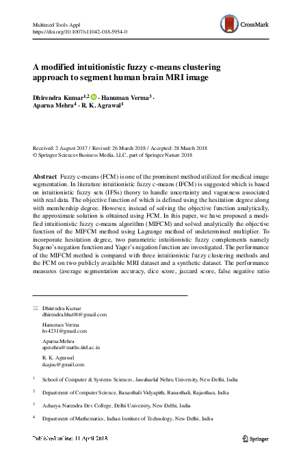 (PDF) A modified intuitionistic fuzzy c-means clustering approach to segment human brain MRI image