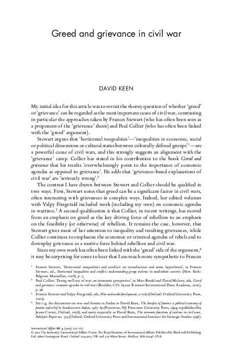 (PDF) Greed and grievance in civil war