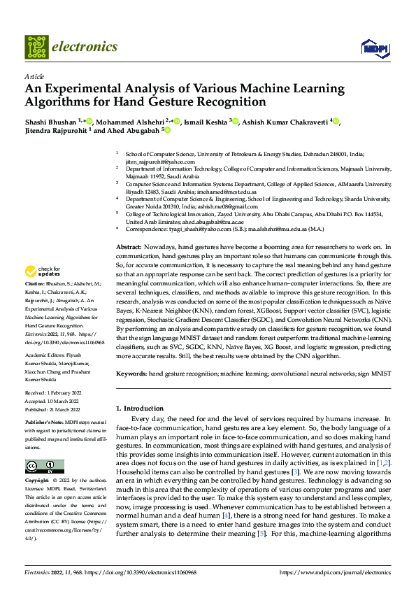 An Experimental Analysis of Various Machine Learning Algorithms for Hand Gesture Recognition