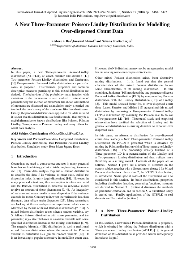 Pdf A New Three Parameter Poisson Lindley Distribution For Modelling Over Dispersed Count Data 