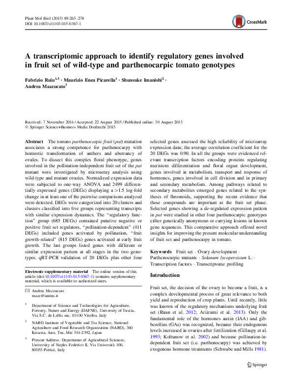 (PDF) Identifying Genes for Parthenocarpy in Tomato