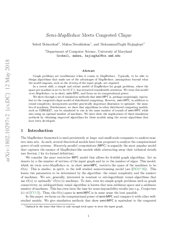 (PDF) Semi-MapReduce Meets Congested Clique | Mahsa Derakhshan - Academia.edu