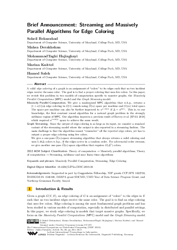 Pdf Brief Announcement Streaming And Massively Parallel Algorithms