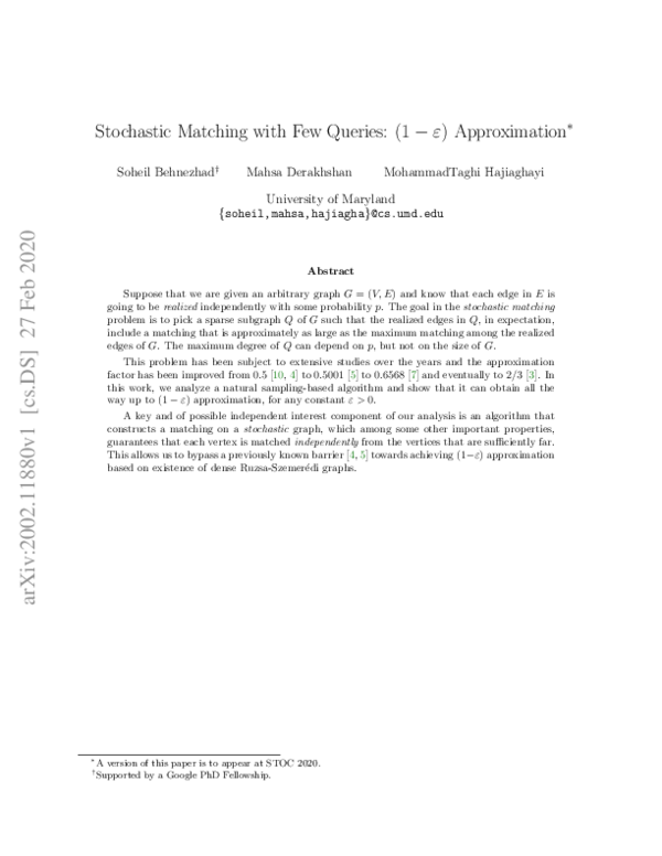 (PDF) Stochastic Matching with Few Queries: $(1-\varepsilon)$ Approximation