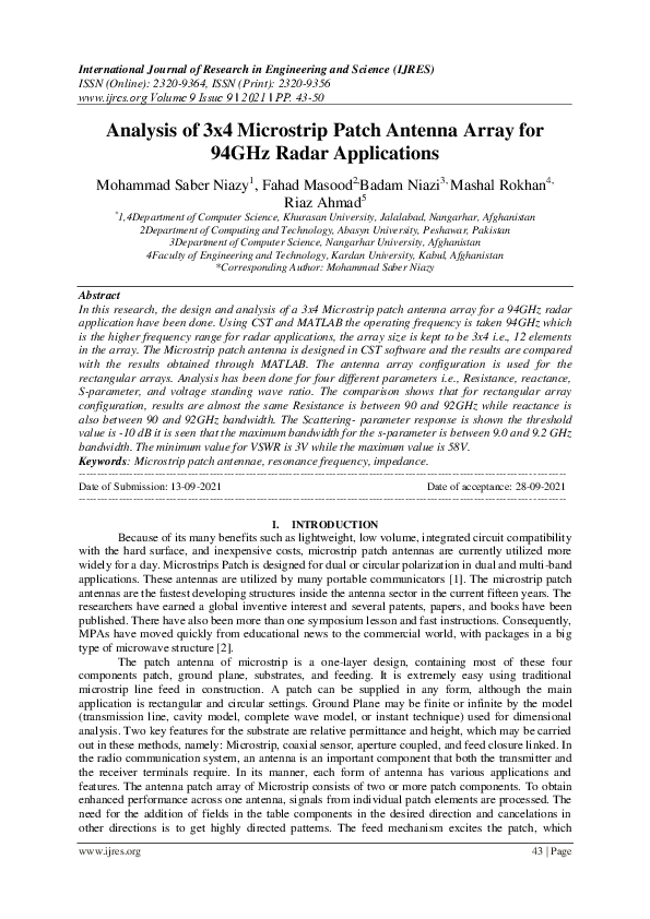 (PDF) Analysis of 3x4 Microstrip Patch Antenna Array for 94GHz Radar Applications