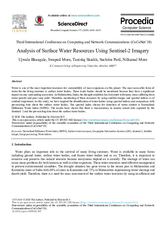 Pdf Analysis Of Surface Water Resources Using Sentinel 2 Imagery