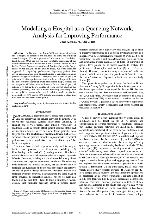(PDF) Modelling A Hospital As A Queueing Network: Analysis For Improving Performance
