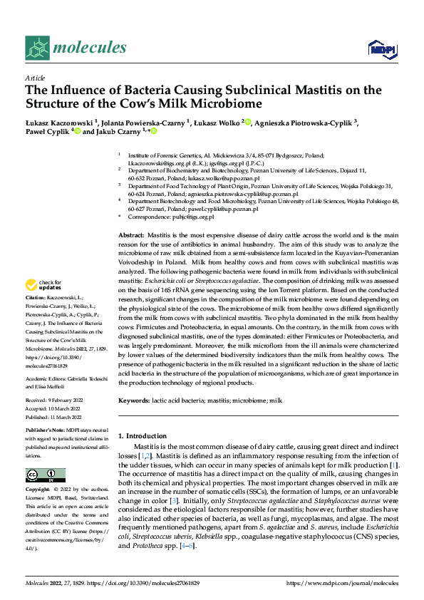 (PDF) The Influence of Bacteria Causing Subclinical Mastitis on the Structure of the Cow’s Milk ...
