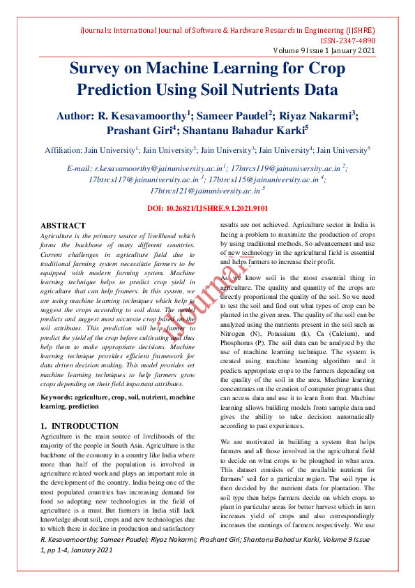(PDF) Survey on Machine Learning for Crop Prediction Using Soil Nutrients Data