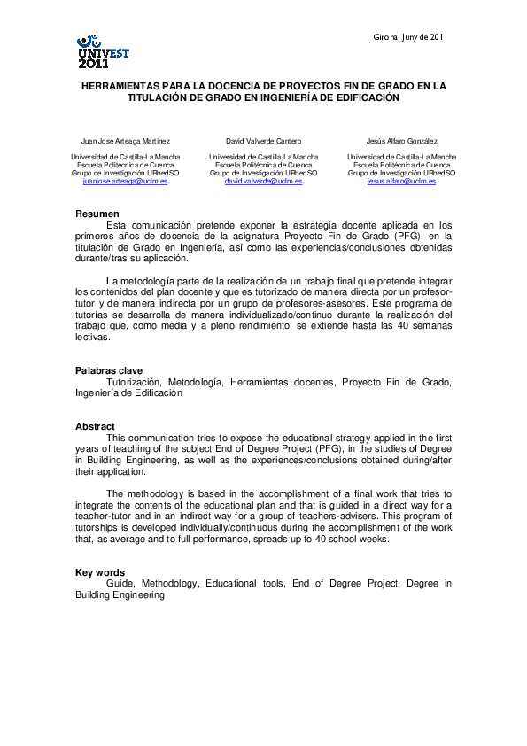 (PDF) Herramientas para la docencia de proyectos fin de grado en la titulación de grado en ...