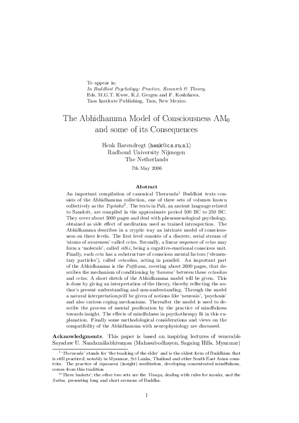 (PDF) The Abhidhamma Model of Consciousness AM0 and some of its Consequences