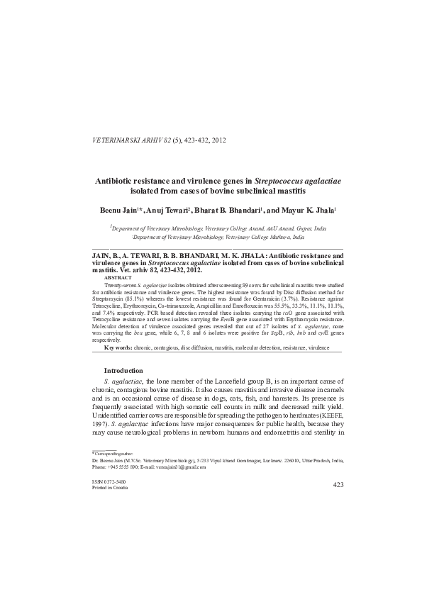Pdf Antibiotic Resistance And Virulence Genes In Streptococcus Agalactiae Isolated From Cases