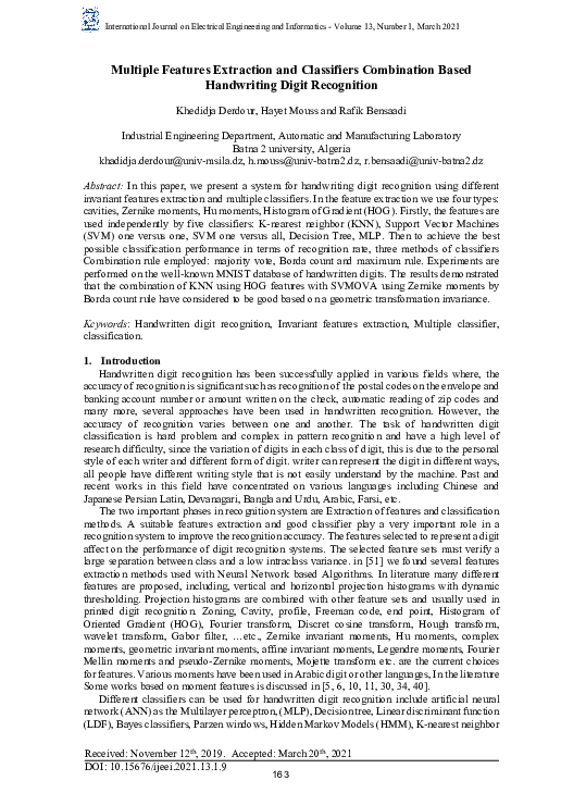 (PDF) Multiple Features Extraction and Classifiers Combination Based Handwriting Digit Recognition
