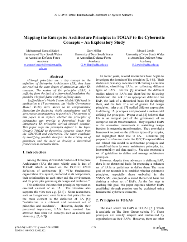 (PDF) Mapping the Enterprise Architecture Principles in TOGAF to the Cybernetic Concepts--An ...