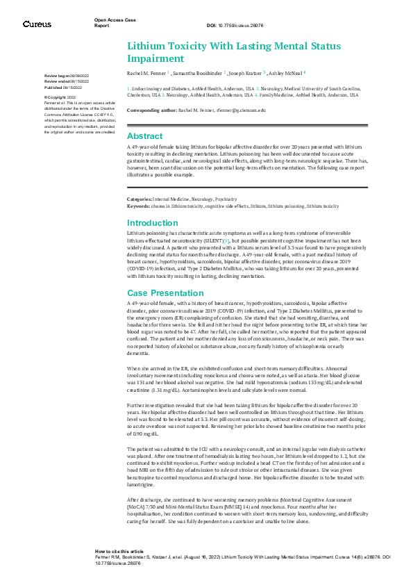 (PDF) Lithium Toxicity With Lasting Mental Status Impairment