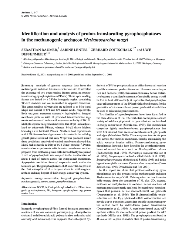 (PDF) Identification and analysis of proton-translocating pyrophosphatases in the methanogenic ...