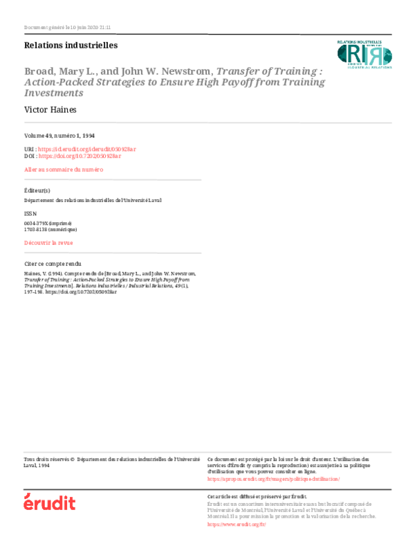(PDF) Broad, Mary L., and John W. Newstrom, Transfer of Training ...