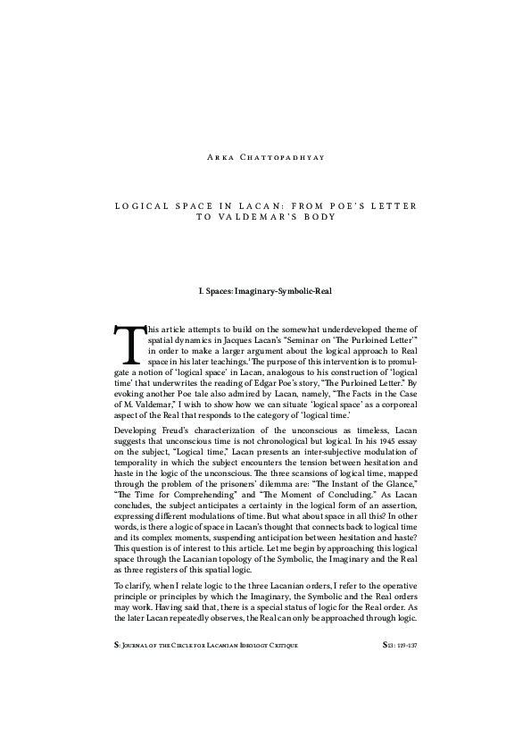 (PDF) Logical Space in Lacan: From Poe's Letter to Valdemar's Body