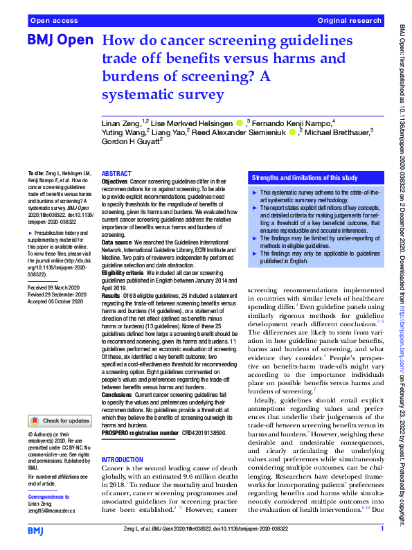 (PDF) How do cancer screening guidelines trade off benefits versus ...