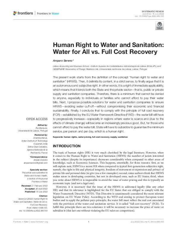 (PDF) Human Right to Water and Sanitation: Water for All vs. Full Cost ...