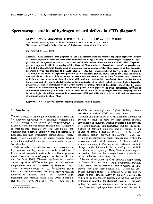 (PDF) Spectroscopic studies of hydrogen related defects in CVD diamond ...