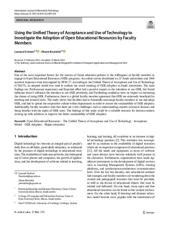 (PDF) Using the Unified Theory of Acceptance and Use of Technology to Investigate the Adoption ...