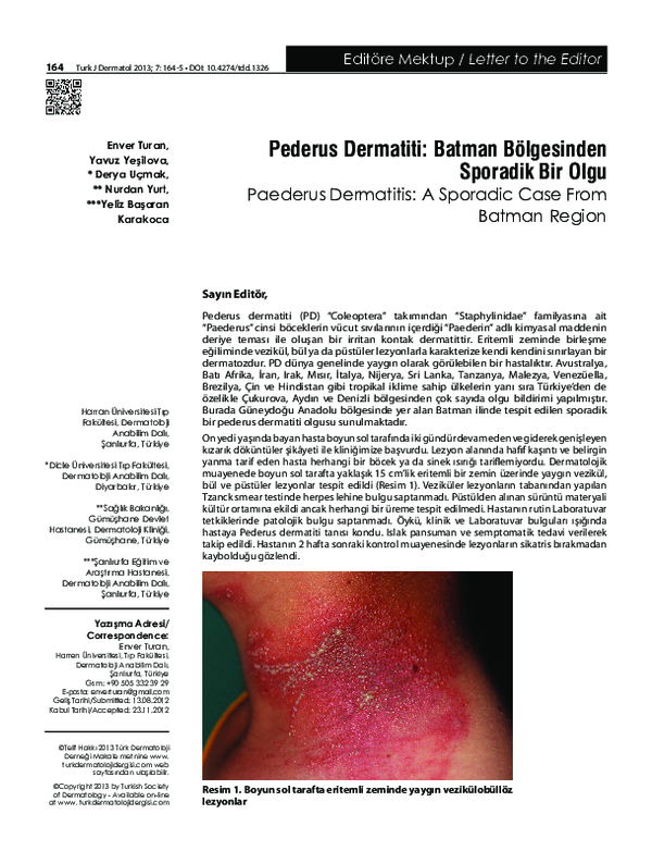 (PDF) Pederus Dermatiti: Batman Bölgesinden Sporadik Bir Olgu