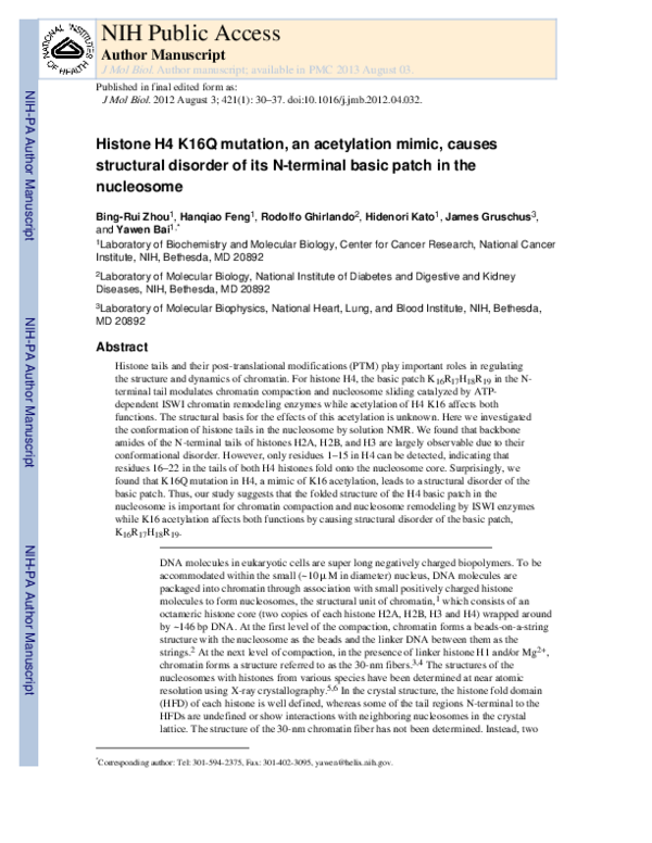 (PDF) Histone H4 K16Q Mutation, an Acetylation Mimic, Causes Structural ...