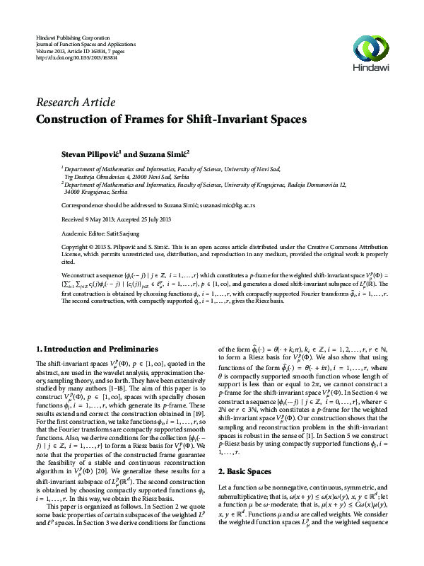 (PDF) Construction of Frames for Shift-Invariant Spaces