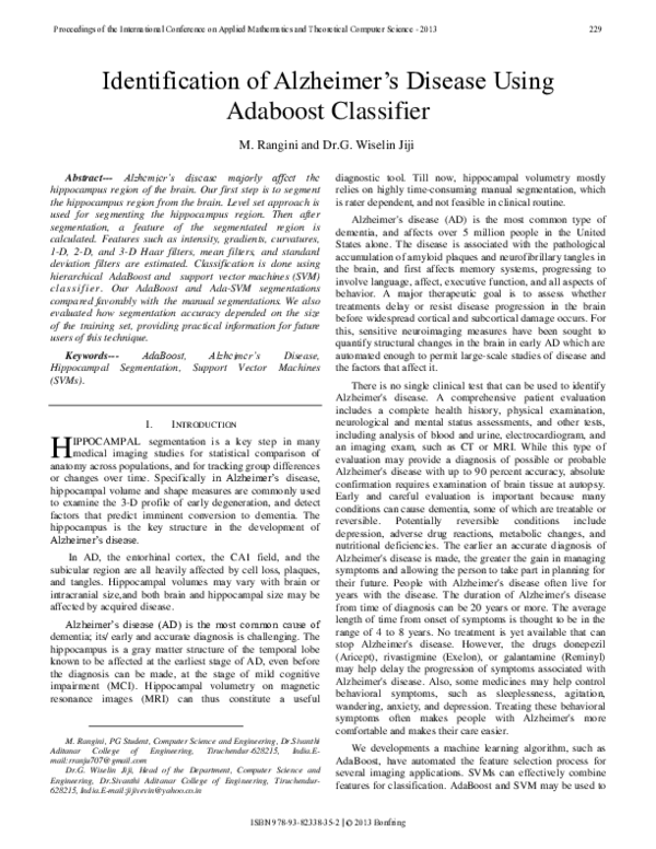 (PDF) Identification of Alzheimer ’ s Disease Using Adaboost Classifier