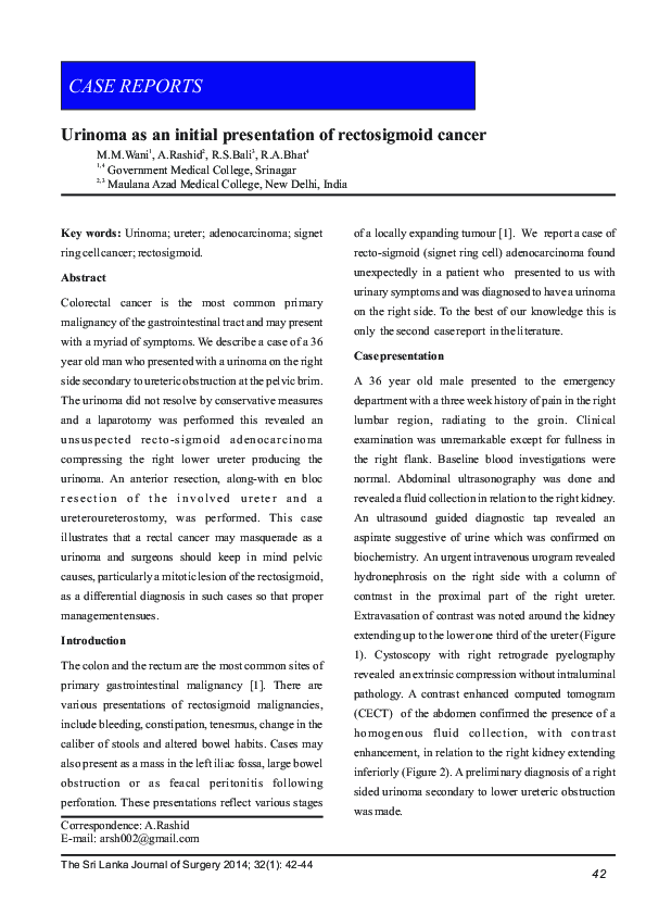 (PDF) Urinoma as an initial presentation of rectosigmoid cancer