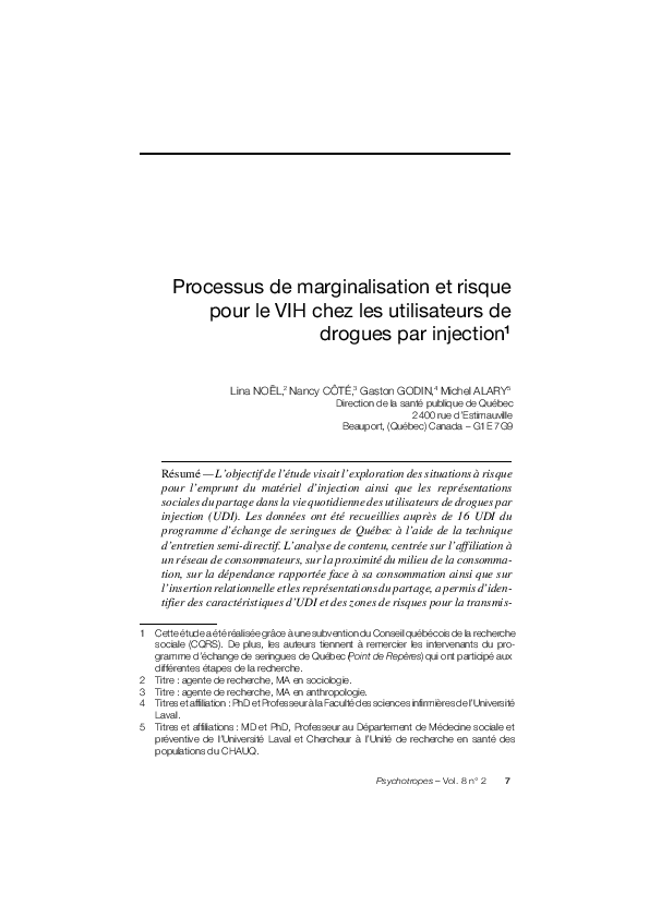 (PDF) Processus de marginalisation et risque pour le VIH chez les ...