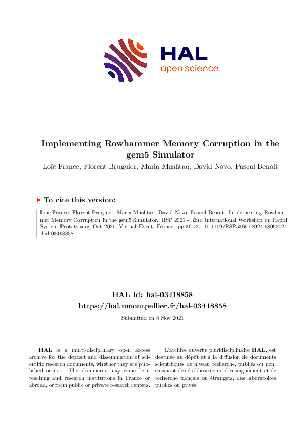 (PDF) Implementing Rowhammer Memory Corruption in the gem5 Simulator (PDF) Implementing Rowhammer Memory Corruption in the gem5 Simulator